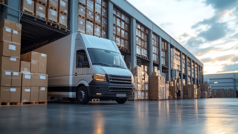 Delivery Van Parked in Warehouse Surrounded by Stacked Boxes ...