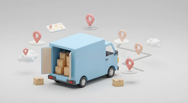 Delivery Van Transporting Boxes with Location Pins for Tracking Concept ...