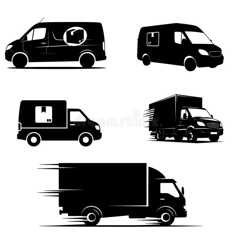 Delivery Van and Truck Silhouette Set, Transportation Truck and Van Vectors Stock Vector ...