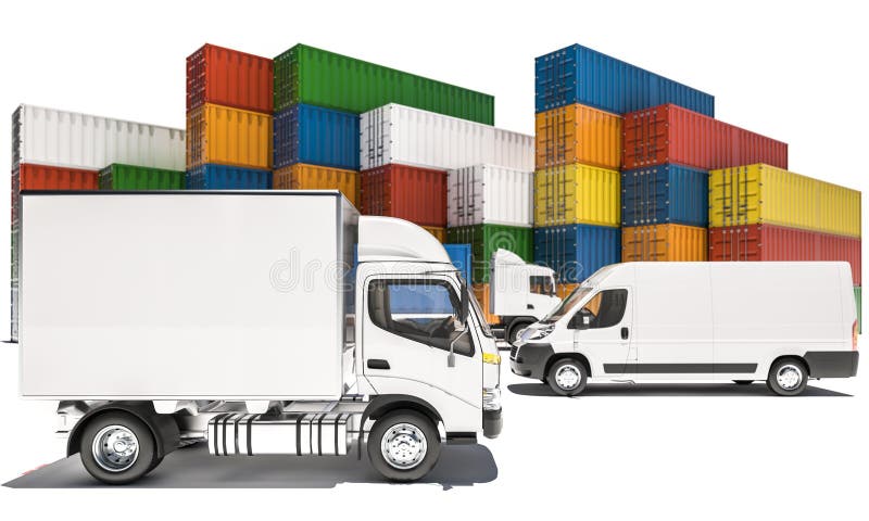 Delivery Van and Trucks in Front of Cargo Containers Stock Illustration ...