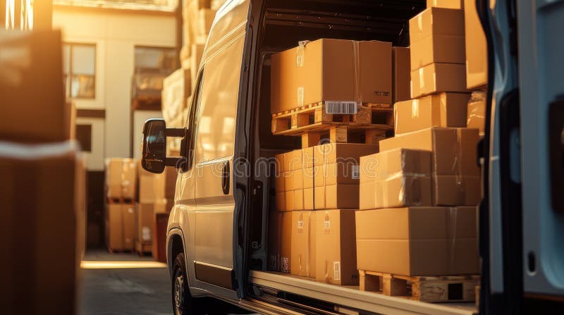 Delivery Van Unloading Boxes in a Busy Warehouse during Sunset Hours ...