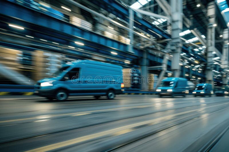 Delivery Vans in Motion Inside a Large Industrial Warehouse Stock Image ...
