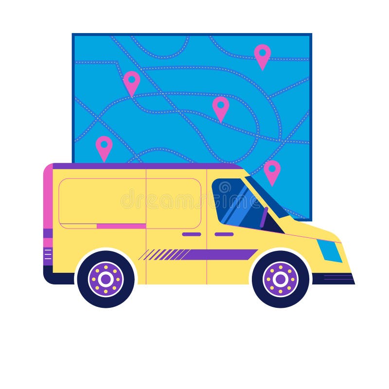 Delivery Vehicles Transport Goods Along the Route Map. E-commerce ...