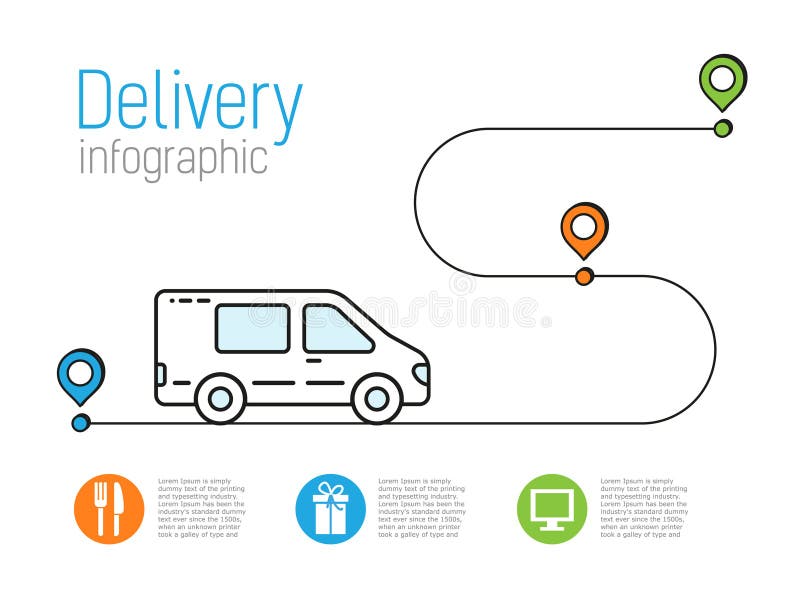 Delivery Way. Bus and Map Icon. Blue, Green, Orange, White. Stock ...
