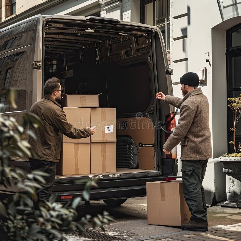 Delivery Where Two Men in Green Uniforms Load Boxes into the Back of an ...