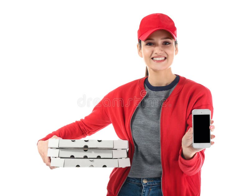 Delivery Woman with Cardboard Pizza Box on White Background Stock Photo ...