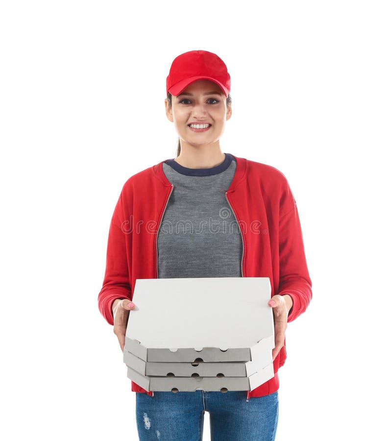 Delivery Woman with Cardboard Pizza Box on White Background Stock Photo ...