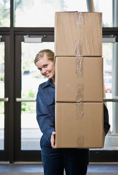 Delivery Woman Carefully Carrying Stack of Boxes Stock Image - Image of ...