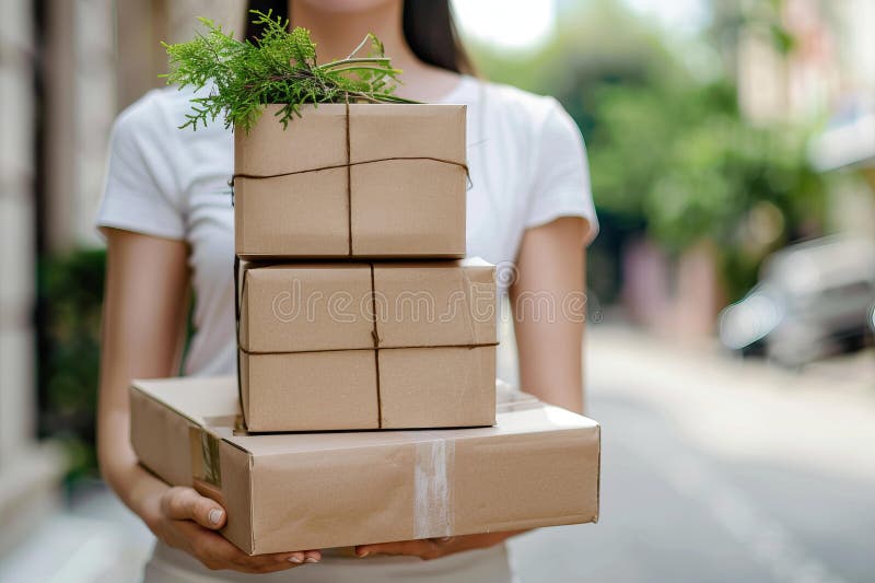 Delivery Woman Holding Stack of Cardboard Boxes with Plant Stock ...