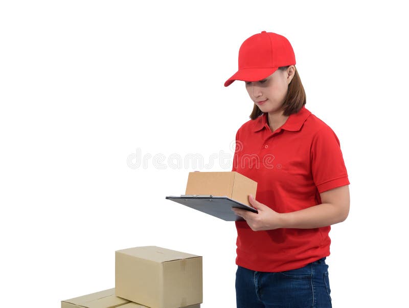 Delivery Woman in Red Uniform with Parcel Boxes Making Notes on ...