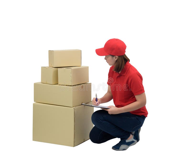 Delivery Woman in Red Uniform with Parcel Boxes Making Notes on ...