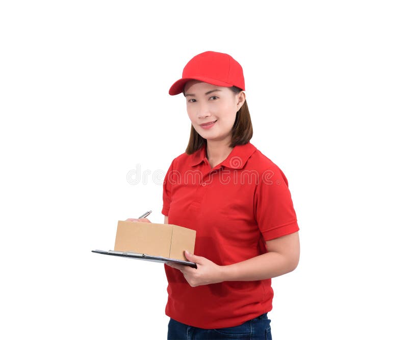 Delivery Woman in Red Uniform with Parcel Boxes Making Notes on ...