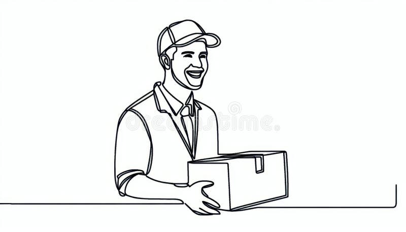 Delivery Worker Carrying Package, Line Art Side View. AI Image ...