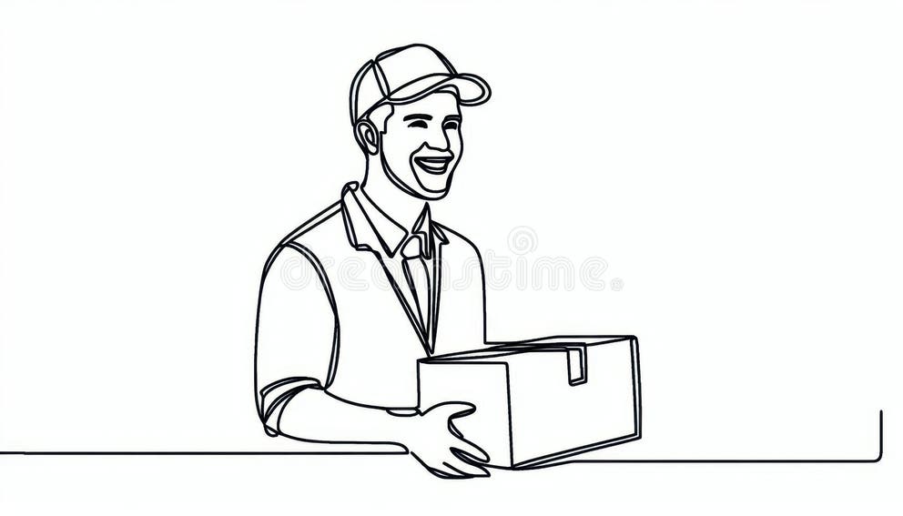 Delivery Worker Carrying Package, Line Art Side View. AI Image ...