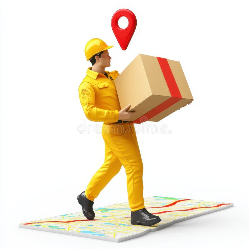 Delivery Worker Carrying Package on Map with Location Pin Stock ...