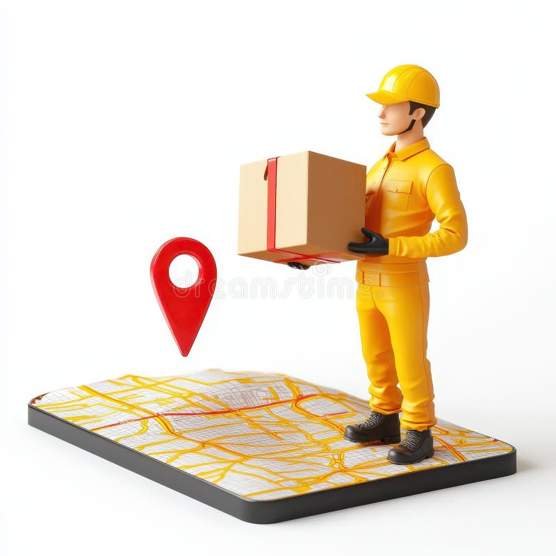 Delivery Worker Carrying Package on Map Smartphone App Stock ...