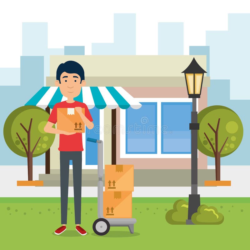 Delivery Worker with Cart Boxes Character Stock Vector - Illustration ...