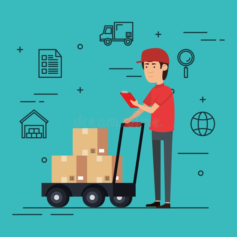 Delivery Worker with Cart Boxes Character Stock Vector - Illustration ...