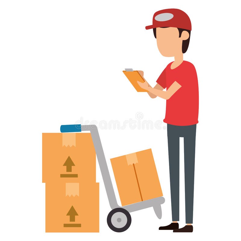 Delivery worker with cart stock illustration. Illustration of packing ...