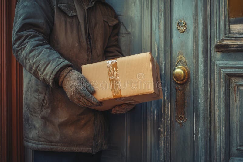 Courier Delivers Package To Doorstep during Daylight Hours with Careful ...