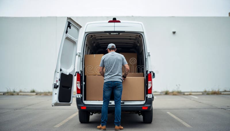 Delivery Worker Loading Boxes into a Van in an Urban Area during ...