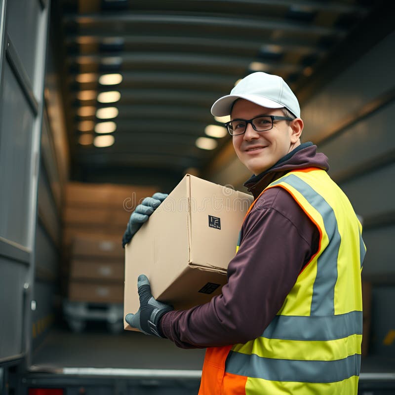 Delivery Worker Loading a Package into a Truck for Shipping Stock ...