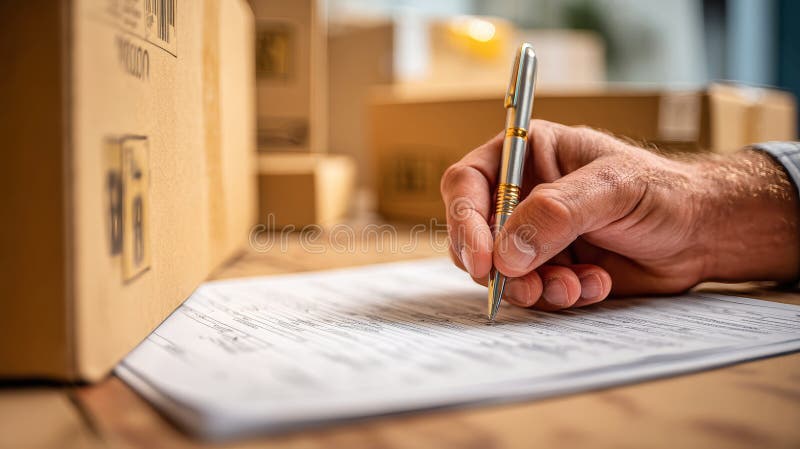 Delivery Worker Meticulously Documents a Package in a Bustling ...