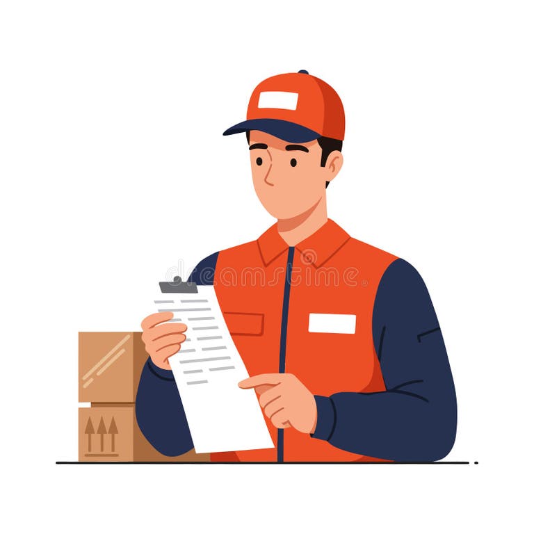 Delivery Worker in Orange Uniform Checking Paperwork with Cardboard ...