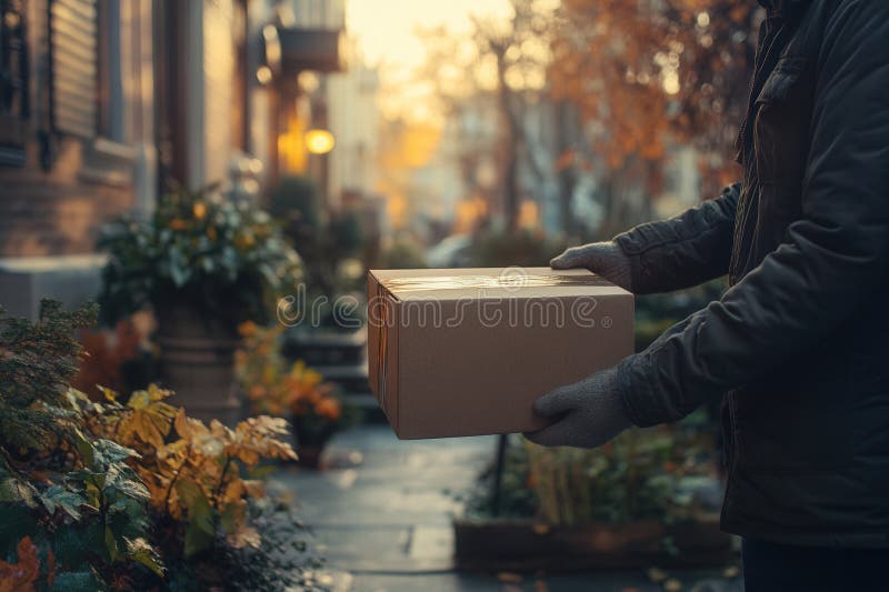Delivery Worker Placing a Package on the Doorstep during Golden Hour ...