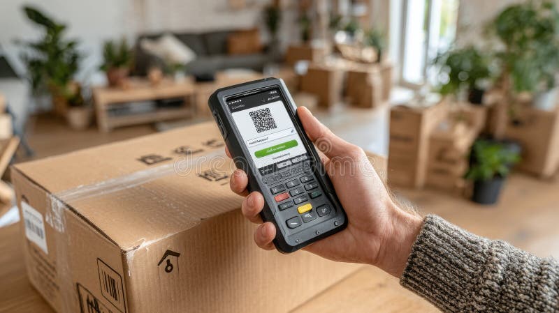 Delivery Worker Scanning Package with Barcode Scanner in Modern Warehouse Environment with Boxes ...