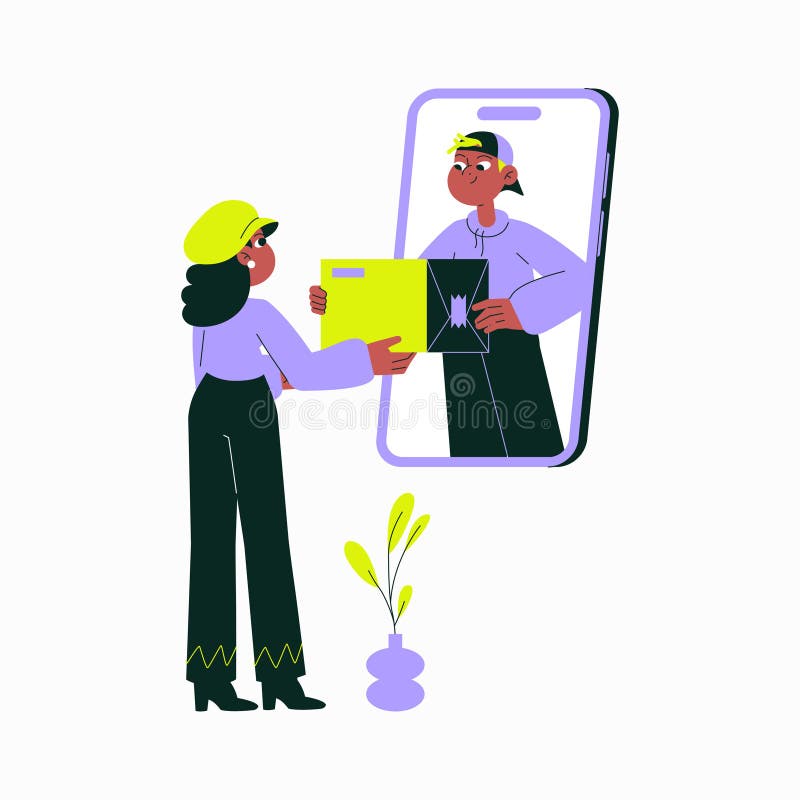 Delivery Worker Handing Box To Customer in Flat Vector Illustration ...