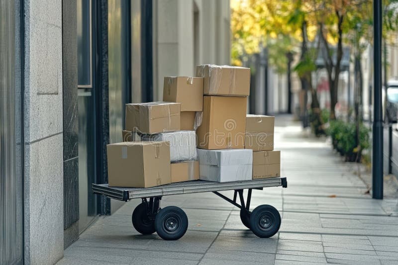 Delivery Worker Transporting Packages on a Dolly through a Blurred ...