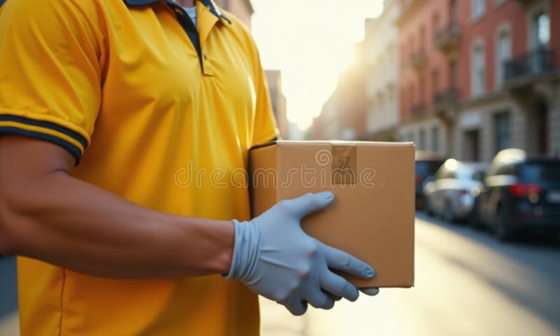 Delivery Worker Yellow Uniform Cardboard Boxes Gloved Hands Stock ...