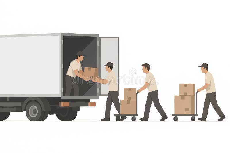 Delivery Workers Unloading Boxes from Truck Illustration Stock ...
