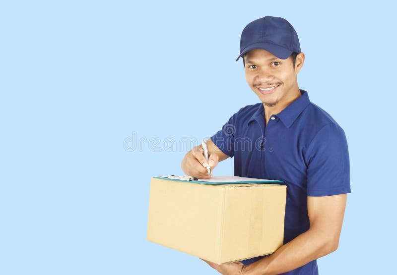 Delivery. Young Delivery Holding Box and Writing Something on Clipboard ...