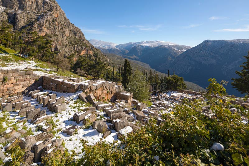 Delphi Archaeological Site with Snow in a Sunny Day Stock Image - Image ...