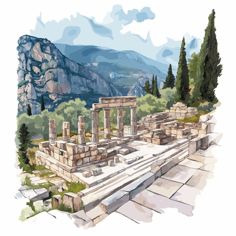 Delphi Archaeological Site. Delphi Archaeological Site Watercolor Vector Illustration Stock ...