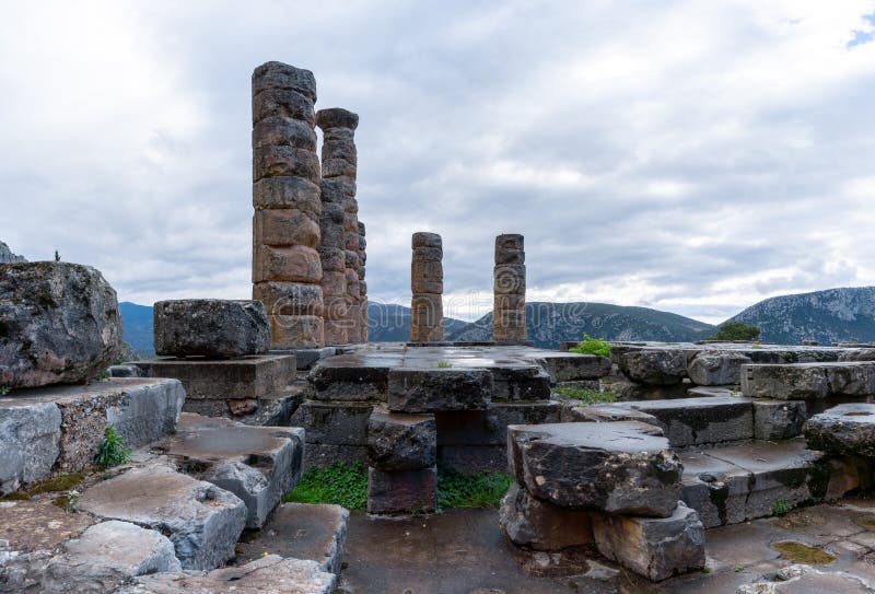 View of Doric Columns and Temple Ruins in the Sanctuary Athena Pronaia ... View of Doric Columns and Temple Ruins in the Sanctuary Athena Pronaia ...