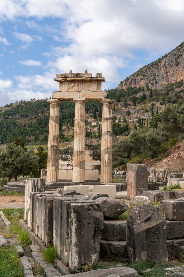 View of the Tholos of Delphi in the Sanctuary of Athena Pronaia in ...