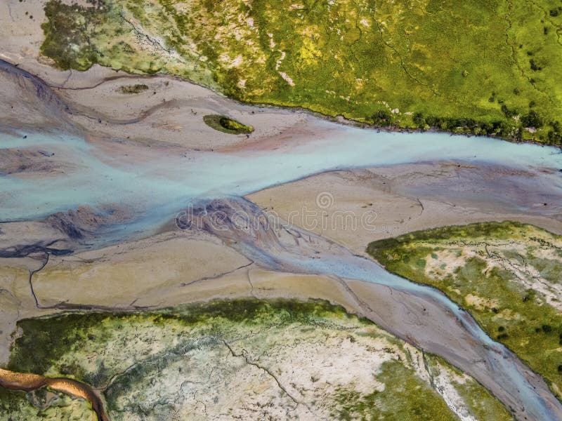 Delta of Glacial River with Sandy Shore Aerial View Stock Image - Image ...