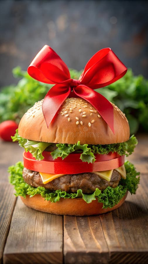Deluxe Burger with Festive Red Bow Stock Illustration - Illustration of ...