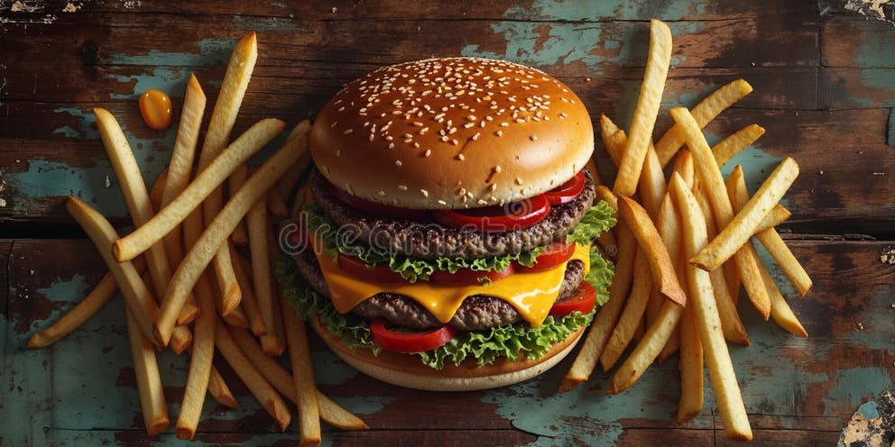 Deluxe Double Cheeseburger with Fries on Rustic Wood. Stock Image ...