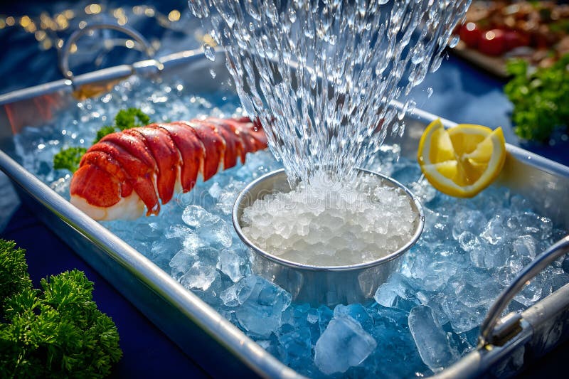 Deluxe Seafood Platter with Lobster Tail, Sunlight Glowing Over Ice ...