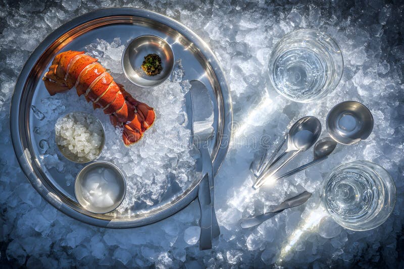Deluxe Seafood Platter with Lobster Tail, Sunlight Glowing Over Ice ...
