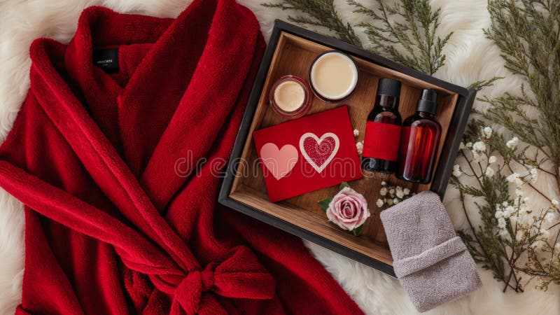 Luxurious Spa Gift Set with Red Bathrobe and Candles on Plush ...
