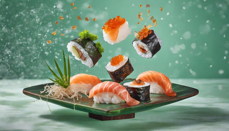 Deluxe Sushi Platter with Components Floating in the Air. Advertising ...