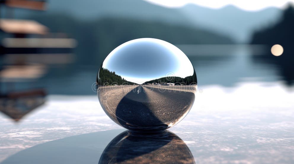 Reflective Reverie: a Captivating Metallic Sphere on Calm Waters Stock ...