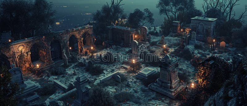 Delve into a Top-down View of a Desolate Graveyard at Twilight, a ...