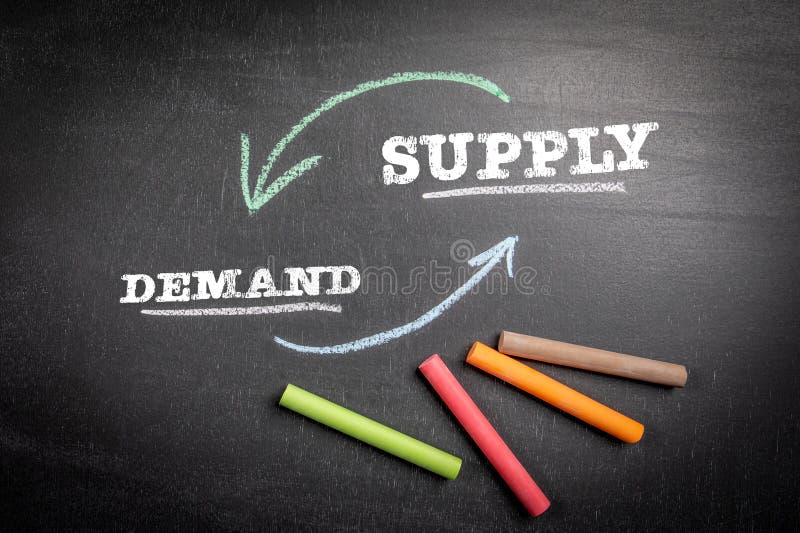 Demand and Supply Concept. Text and Colored Pieces of Chalk on a Dark ...