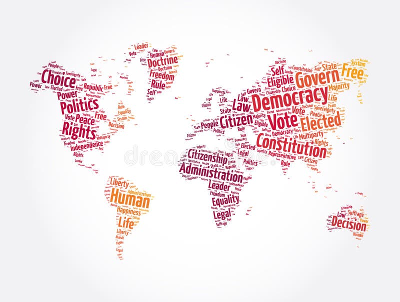 Democracy Word Cloud in Shape of World Map, Concept Background Stock ...